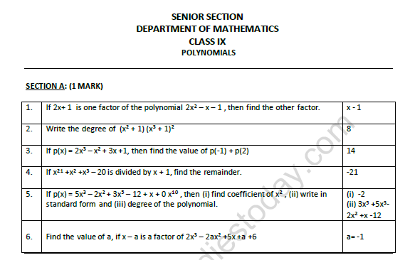 CBSE Class 9 Mathematics Polynomials Worksheet Set C CBSE Class 9 Mathematics Polynomials Worksheet Set C